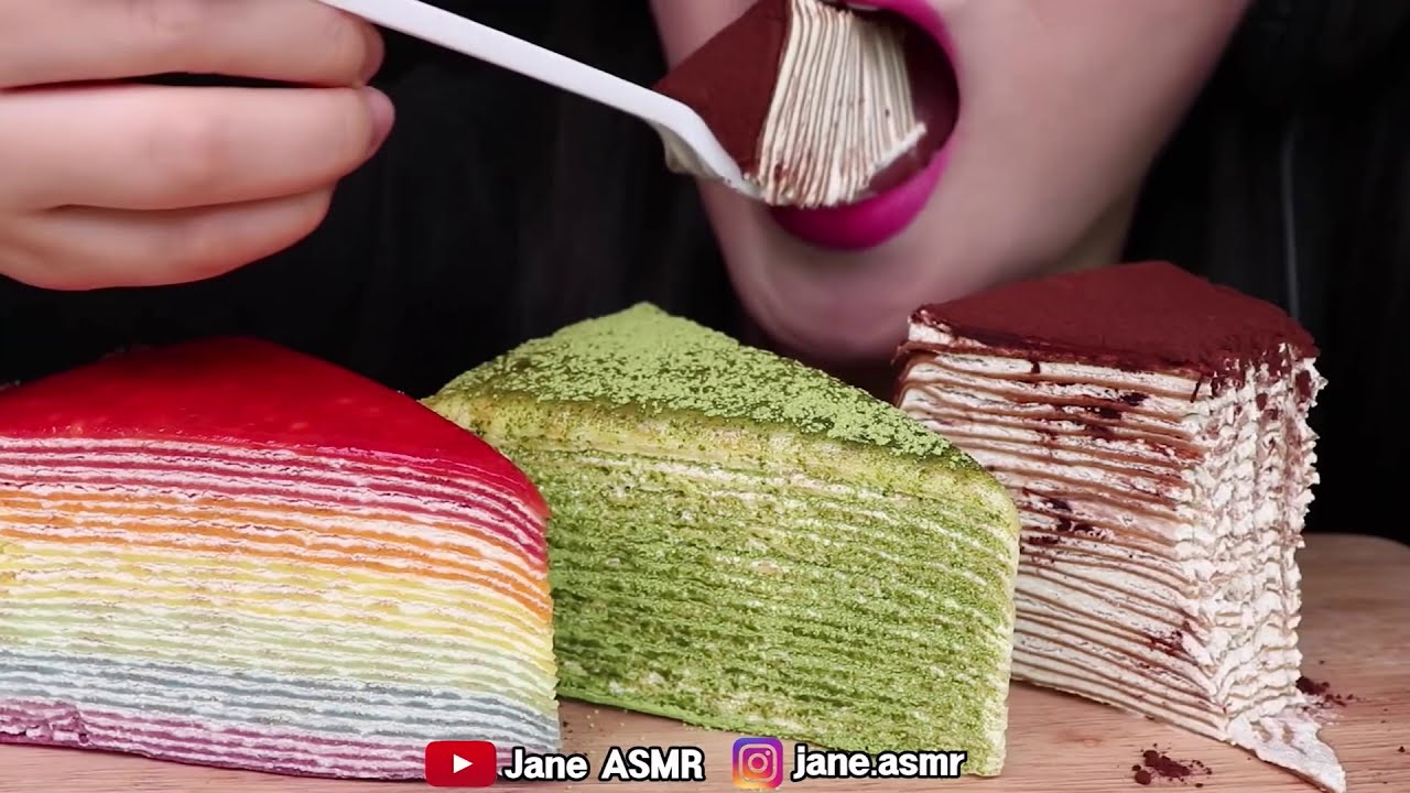BITES ONLY: ASMR GREEN TEA, RAINBOW, TIRAMISU CREPE CAKE (EATING SOUNDS ...