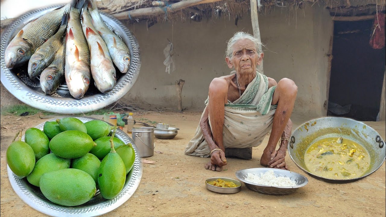 100 year old poor Widow Grandma cooking RAHU FISH with Mango recipe ...