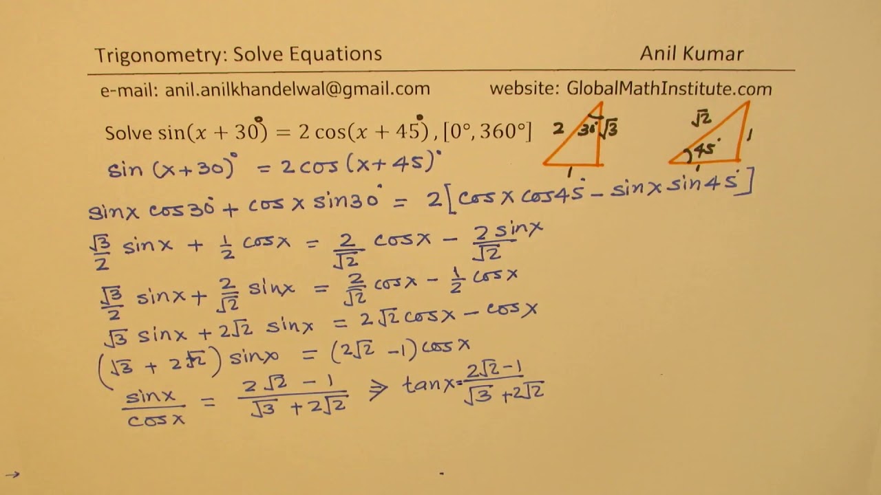 Solve Sin x 30 2 Cos x 45 0 360 Trigonometric Equation YouTube