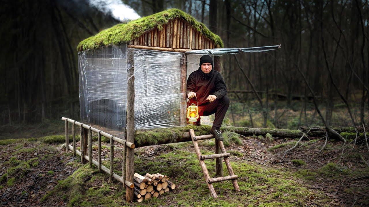 Building a Bushcraft Survival Cabin with a Stove in the Woods | Solo ...