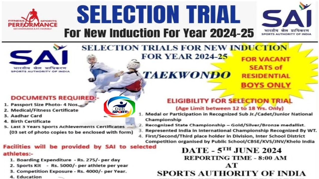 Sports Authority of india Selection TRIAL FOR Taekwondo Boys Can Part ...