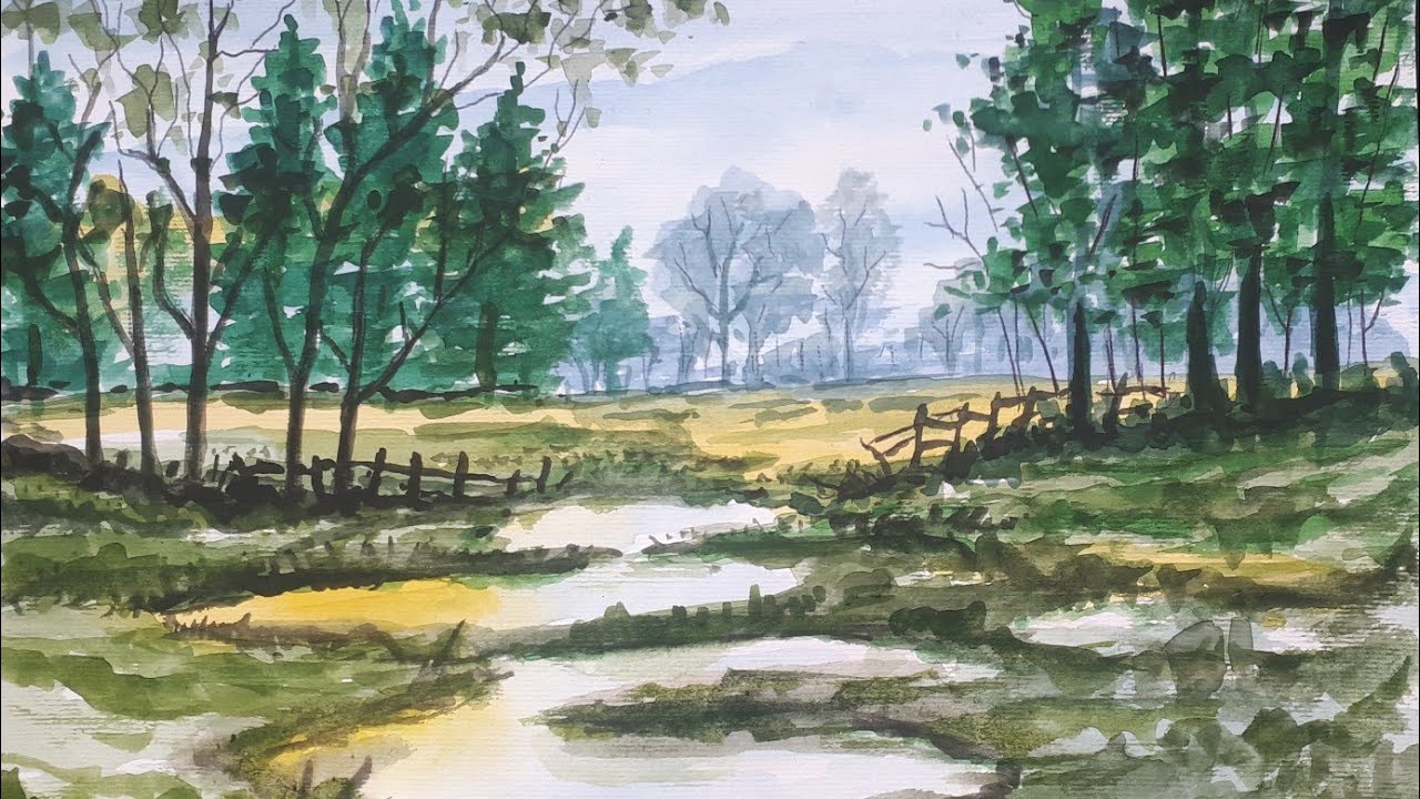 Watercolor Landscape Painting Tutorial: River, Trees, and Mountains ...