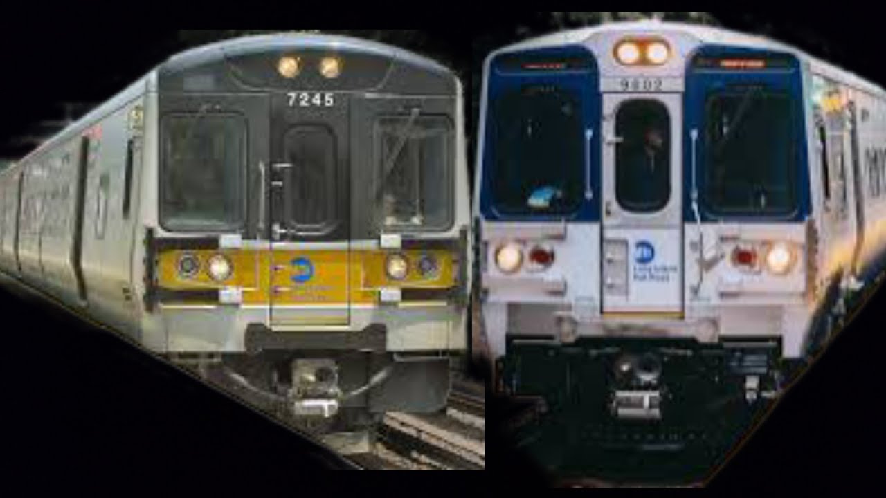 2 LIRR Trains passing by in Brentwood Station M7 and M9 - YouTube