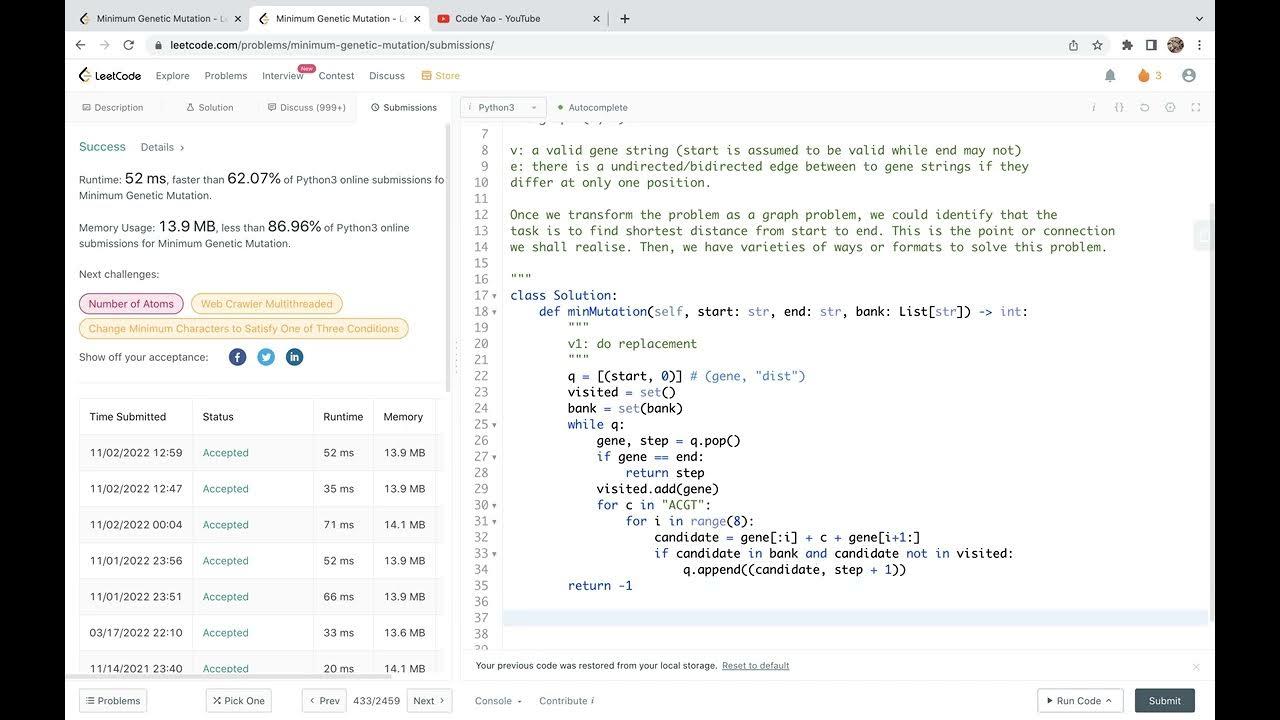 leetcode 433. Minimum Genetic Mutation - BFS, two variants - YouTube