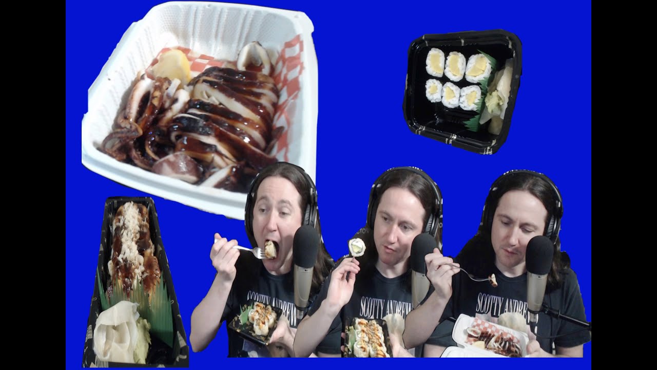YMS eats a whole bbq squid and sushi *mukbang* (feat. scoot) - YouTube