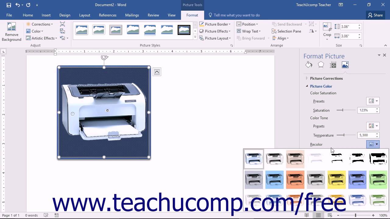 Word 2016 Tutorial Picture Settings Microsoft Trianing - YouTube