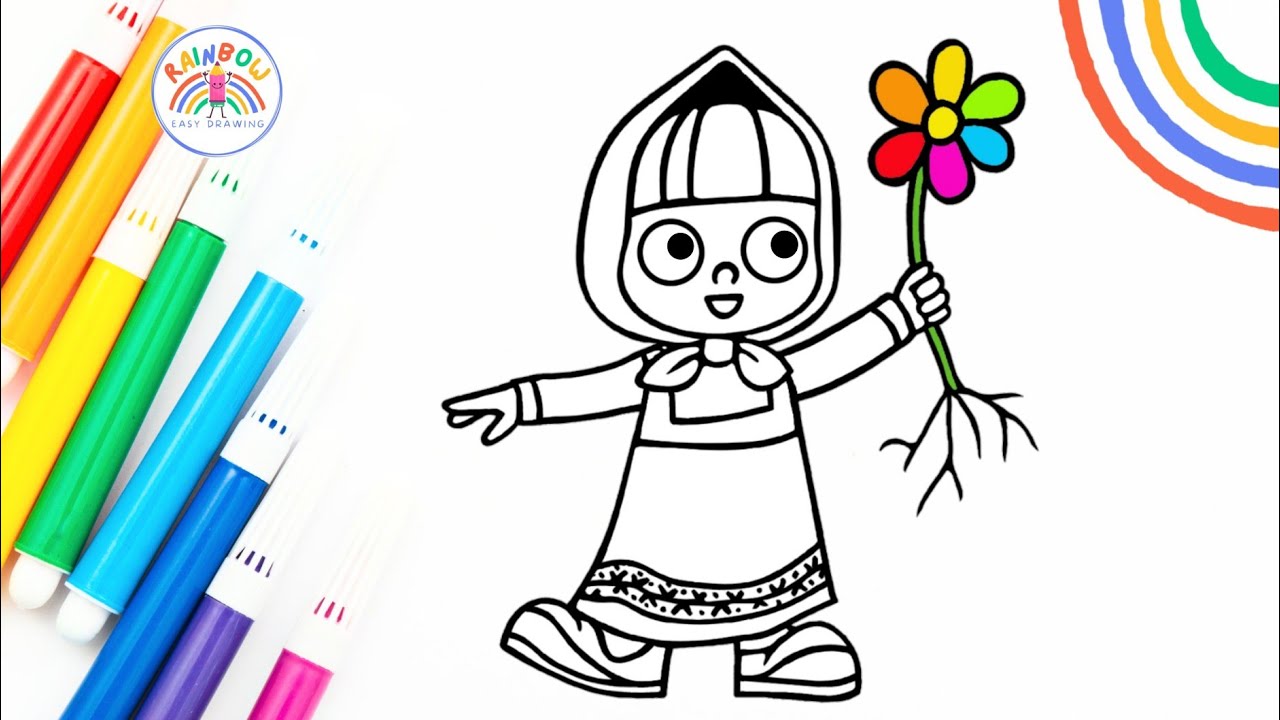 How to Draw Masha Easy | Masha with Flower Drawing Step by Step 🌈 👧🏼🌸 ...