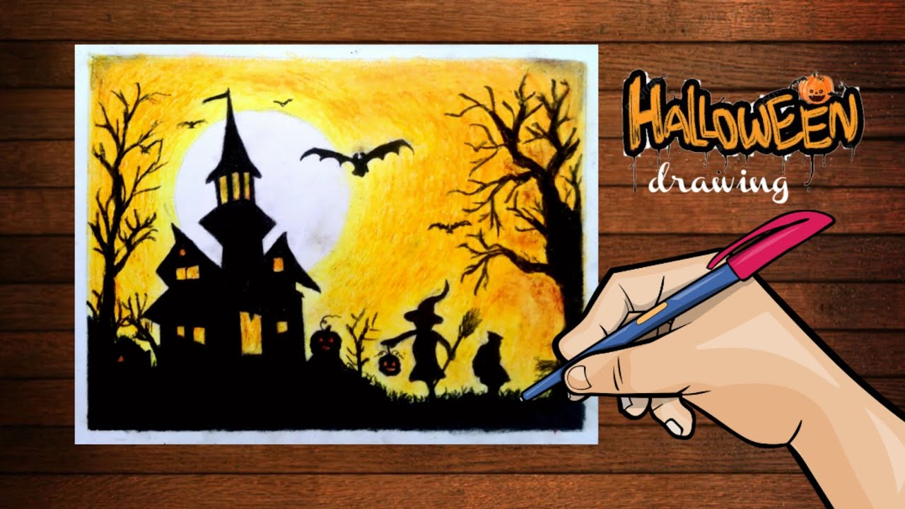 Halloween drawing | ghost house | easy step-by-step | How to draw ...