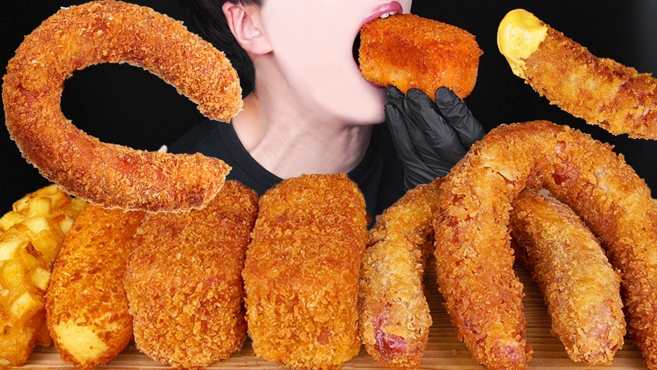 ASMR CHEESY FRIED SAUSAGE SPAM CORN DOGS COOKING MUKBANG 소세지 먹방スパム ...