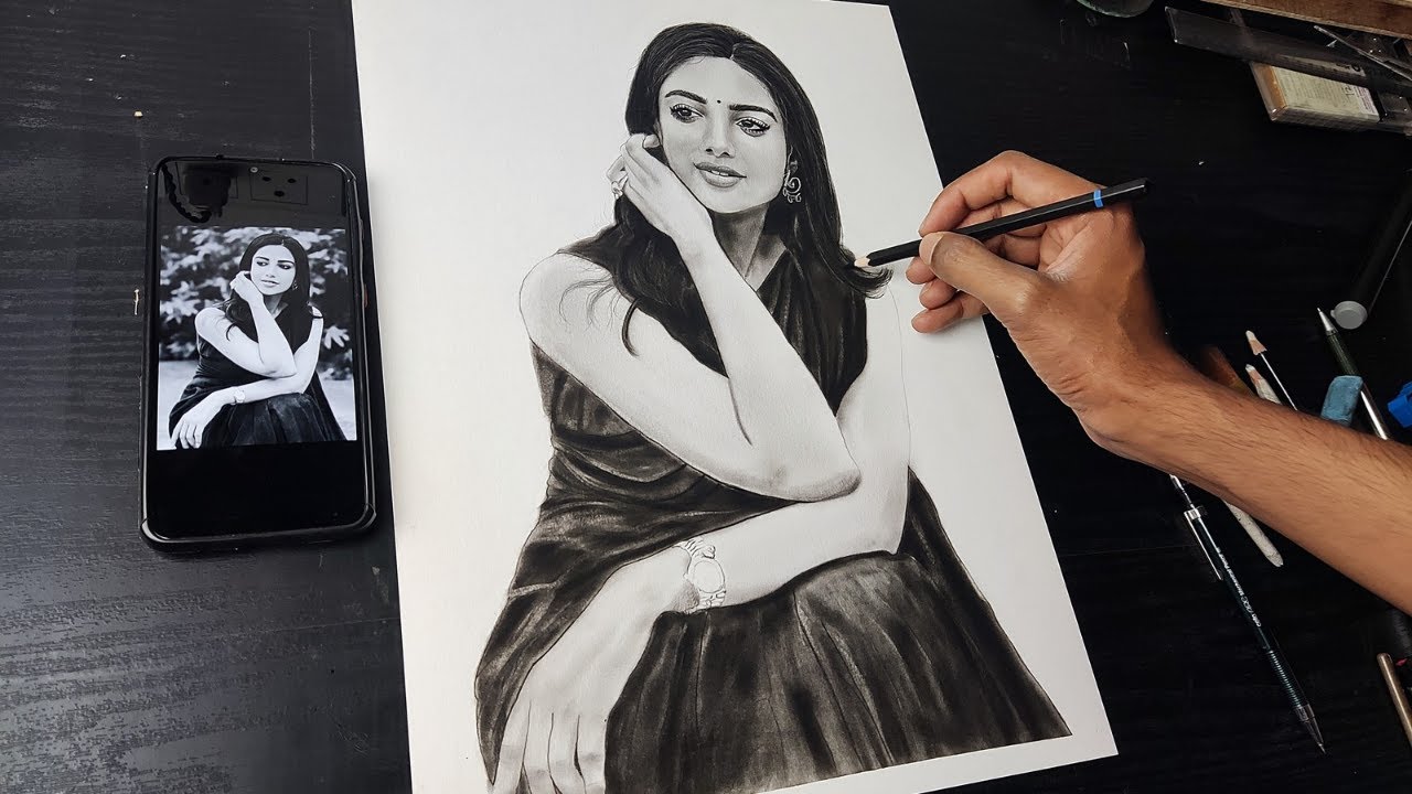 Portrait Drawing Of Meenakshi Chaudhary | Timelapse video | Adarsh Art - YouTube