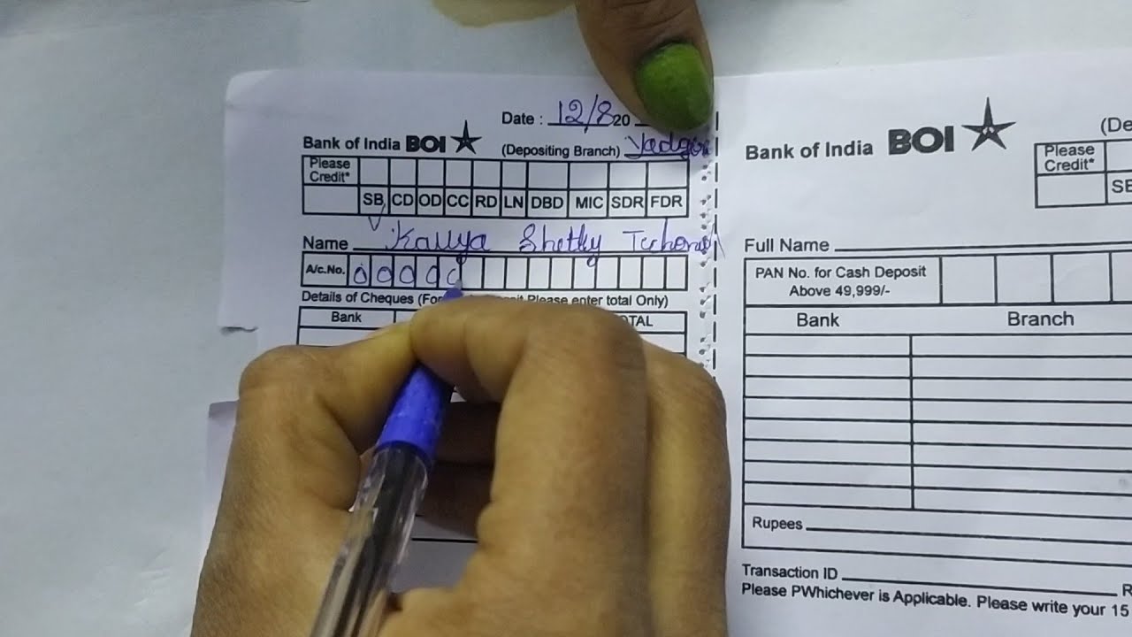 Bank of India money deposit form ela fill up cheyali || how to fill up ...