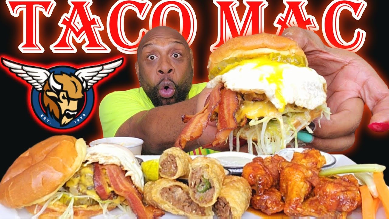 TACO MAC ... BACON DOUBLE CHEESEBURGER, EGG ROLLS, & HOT WINGS MUKBANG ...