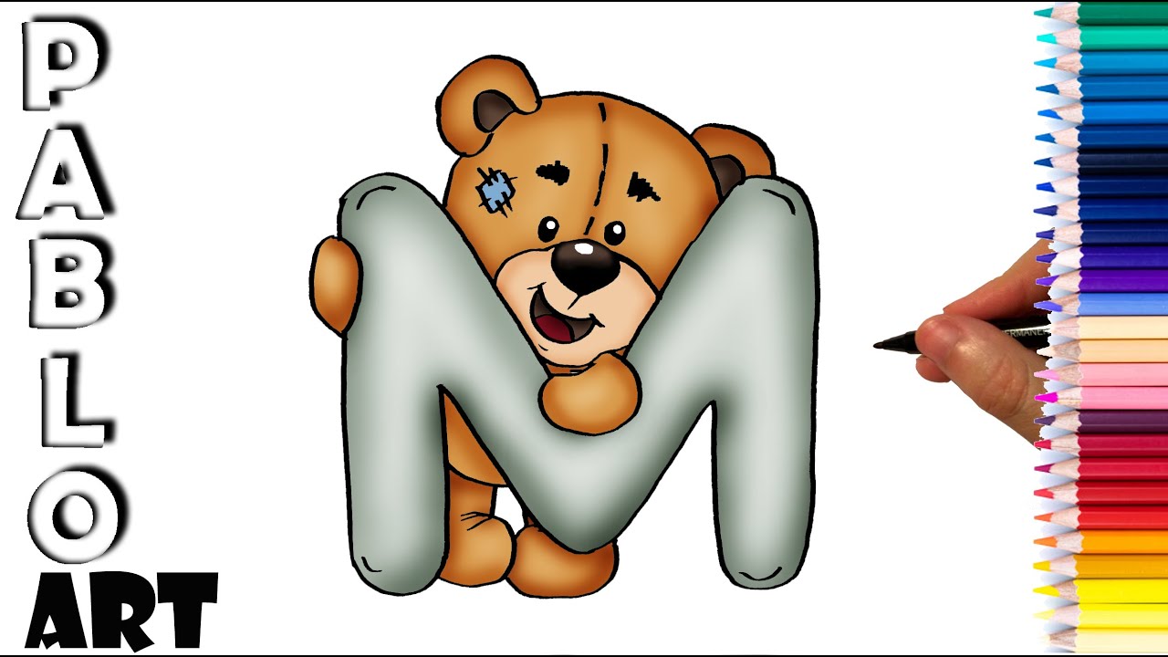 How to Draw letter M - hold by Teddy bear 🐻 | Learn to Draw step by ...