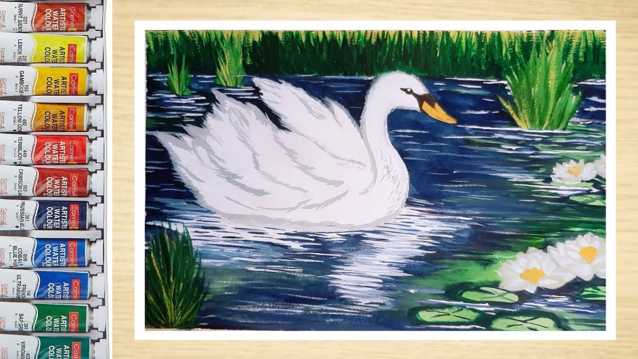 How to draw Duck | Painting a Swan on Pond With Water reflection ...