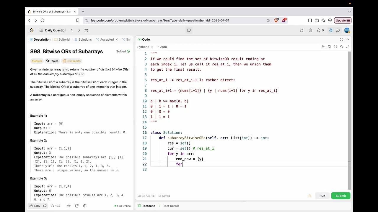leetcode 898 Bitwise ORs of Subarrays | Set Operations - YouTube