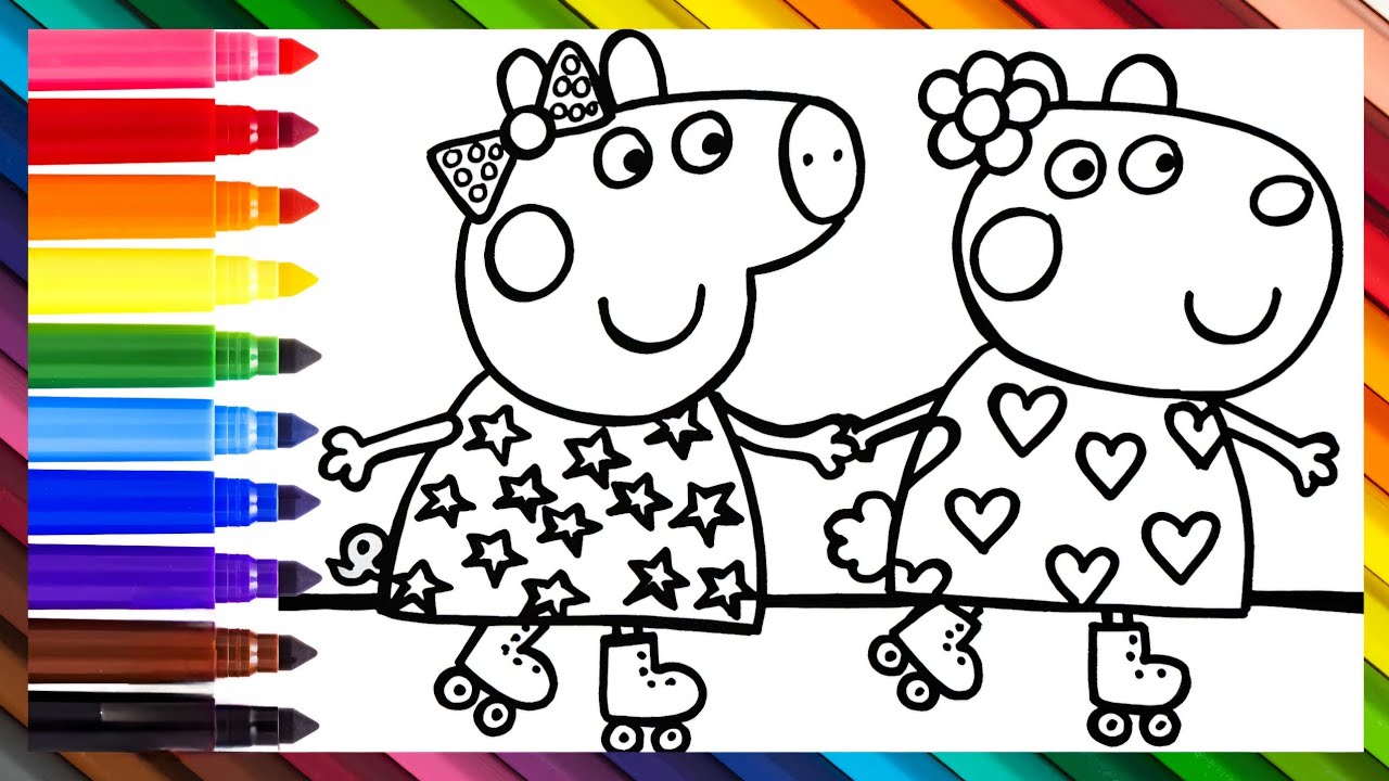 Dibuja y Colorea A Peppa Pig Y A La Oveja Suzy Patinando || Dibujos ...