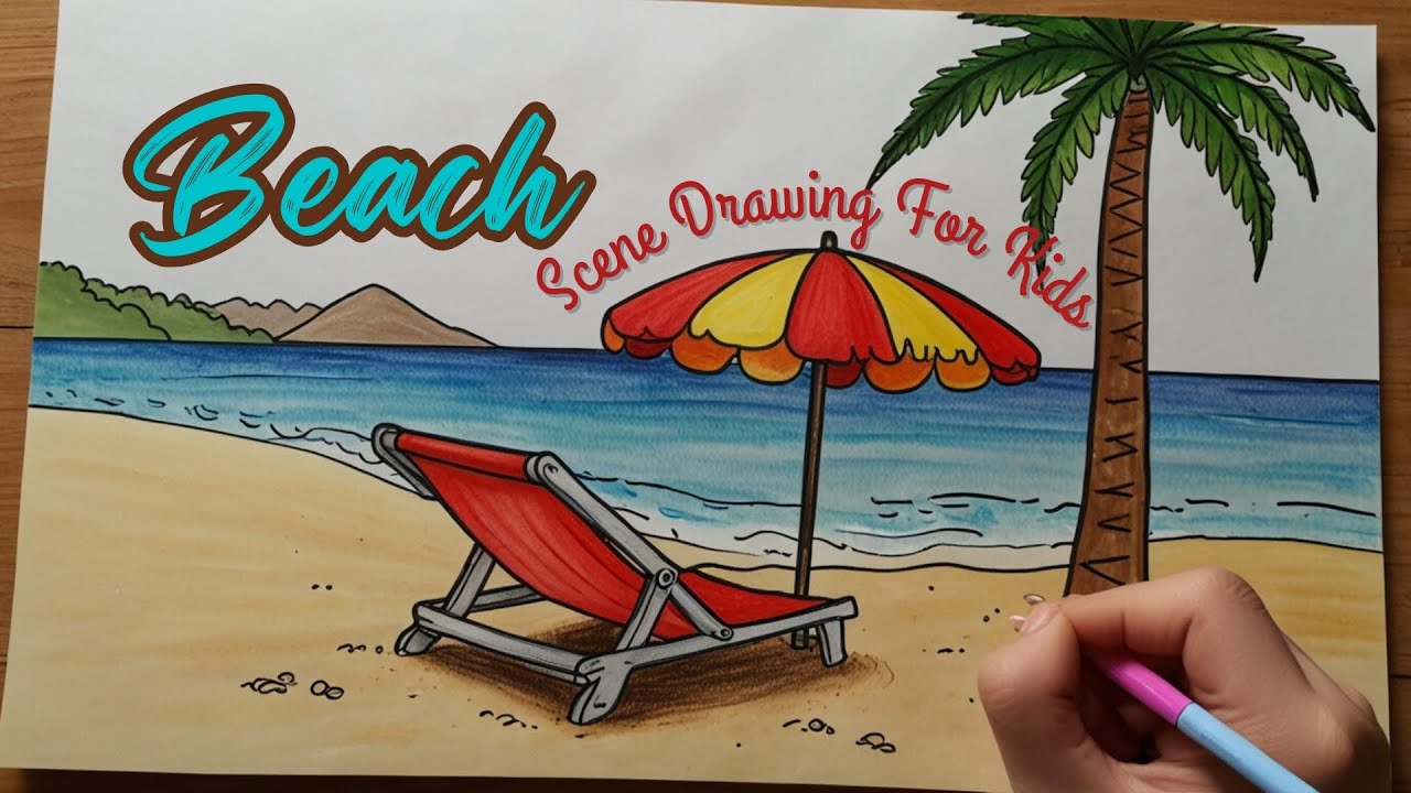 Beach Scene Drawing Easy For Kids || Seaside Drawing - YouTube