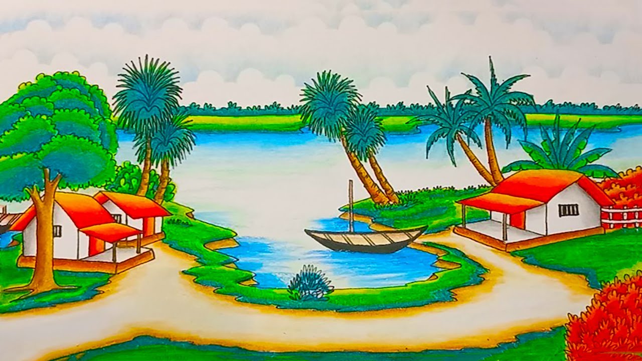 How to draw easy scenery drawing landscape village scenery step by step ...