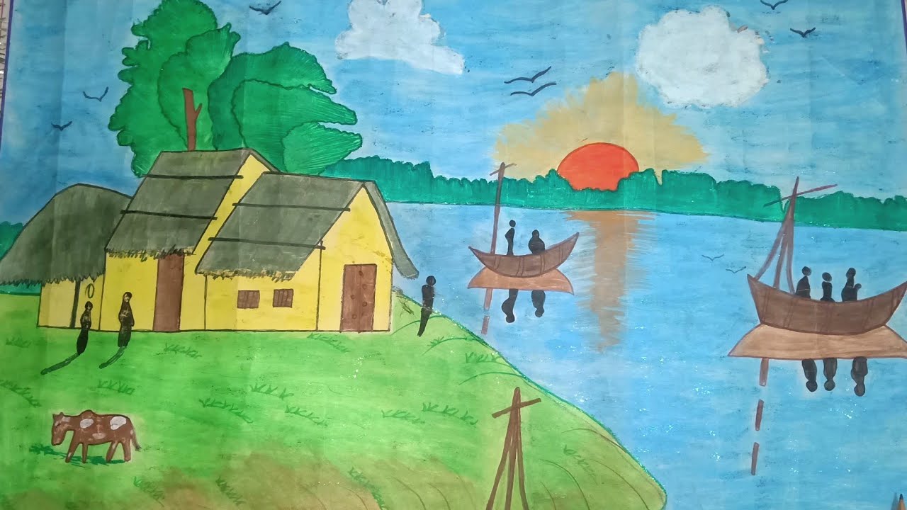 How To Draw Easy Sun Rising Scenery Drawing/सूरज उगता हुआ दृश्य/Very ...