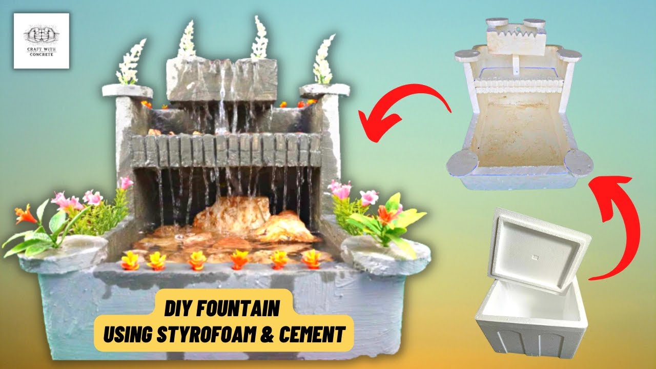 Homemade Styrofoam and Cement Mini Water Fountain Waterfall | DIY ...