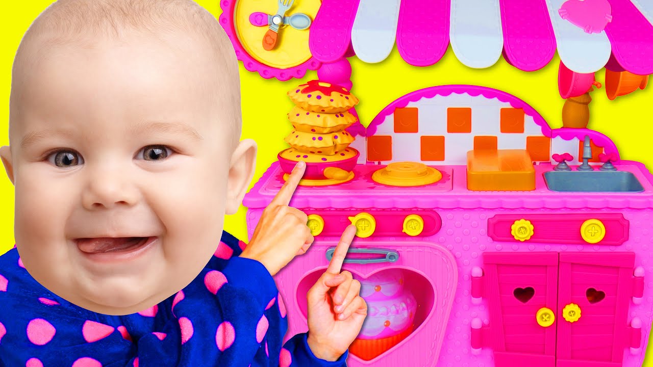 Funny Baby Pretend Cooking With Cute Kitchen - YouTube