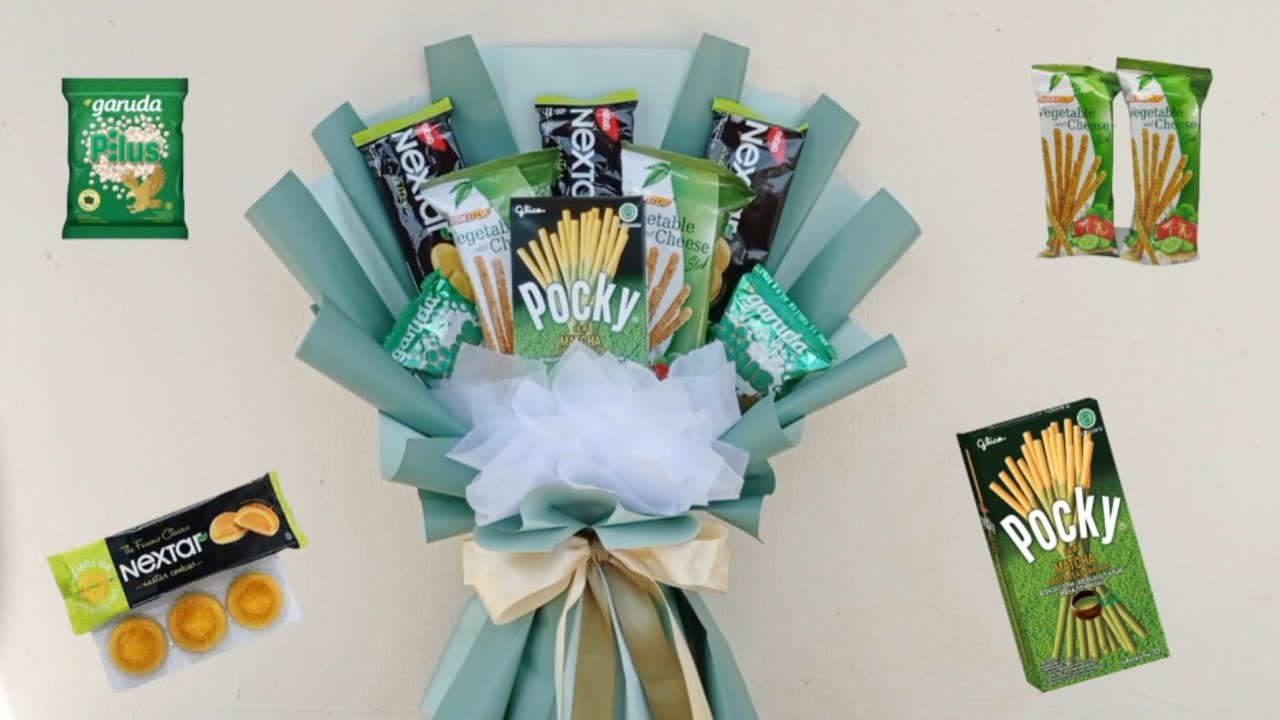 CARA MEMBUAT BUKET SNACK POCKY - NEXTAR - BISKUIT - TEMA WARNA HIJAU ...