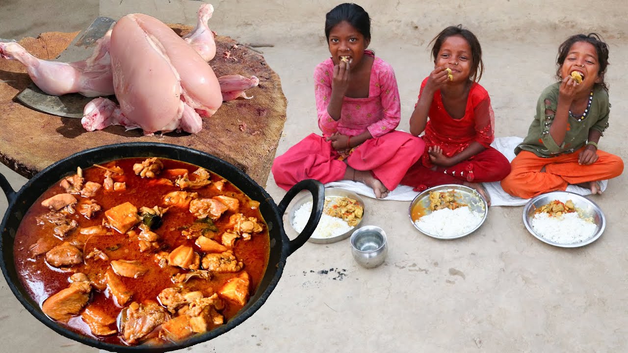 santali child cooking chicken curry || chicken curry cooking and eating ...