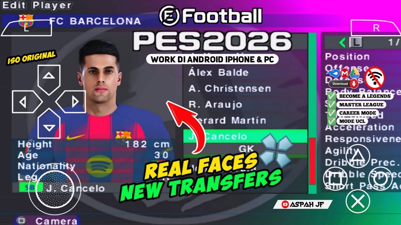 EFOOTBALL PES 2026 PPSSPP ISO NO TEXTURES & NO SAVE DATA NEW KITS 2025/ ...
