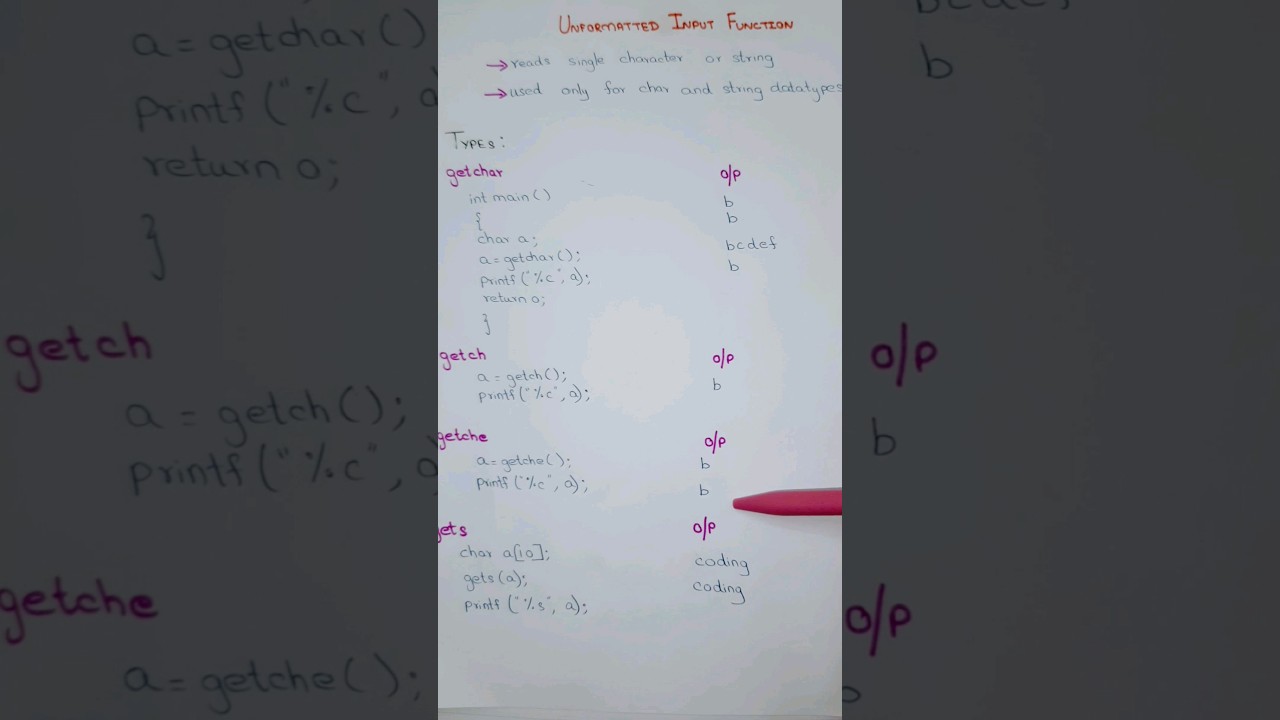 Unformatted Input Functions In C Getchar Getch Getche Gets Tamil