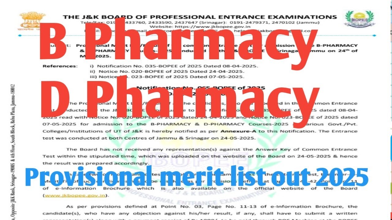 JKBOPEE B Pharmacy D Pharmacy result 2025 // JKBOPEE provisional merit ...