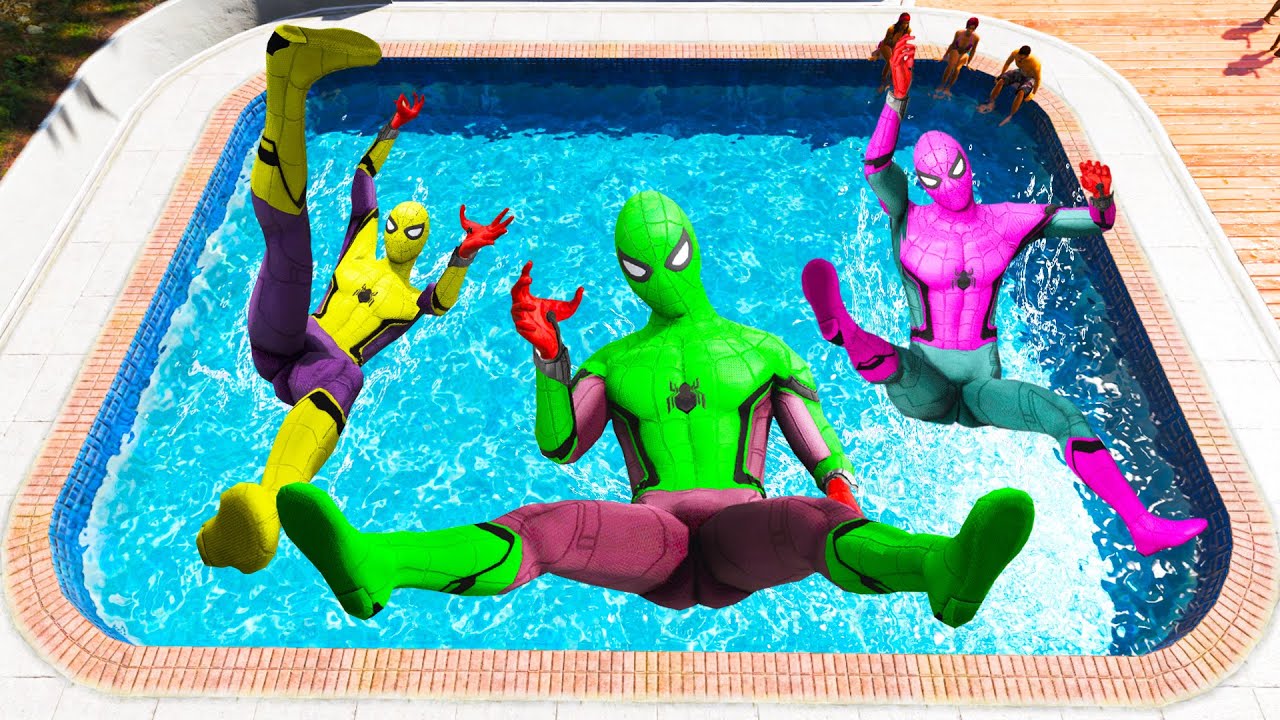 GTA 5 Rainbow Yellow Vs Green & Pink Spiderman Jumping Into Pool ...