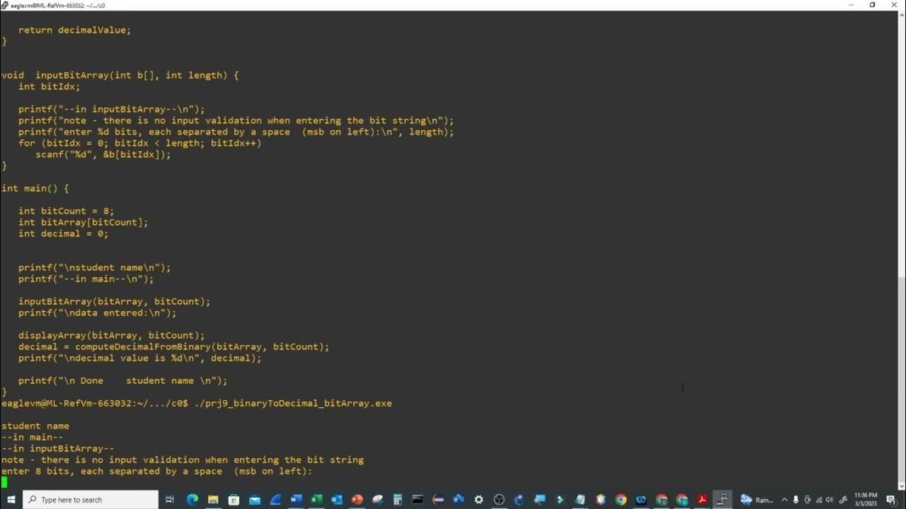 COSC199 C code binaryToDecimal bitArray - YouTube