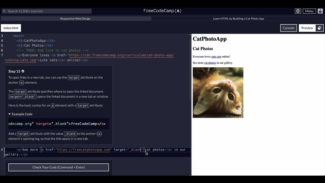 FreeCodeCamp - Responsive Web Design - Step 15 of 71 - Learn HTML by Building a Cat Photo App ...