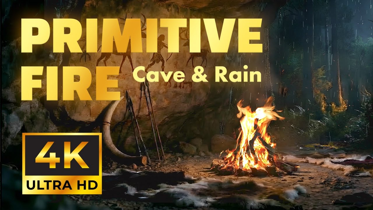Primitive Cave Fireplace 🔥 Rain Ambience | Prehistoric Cozy Fire 4K ...