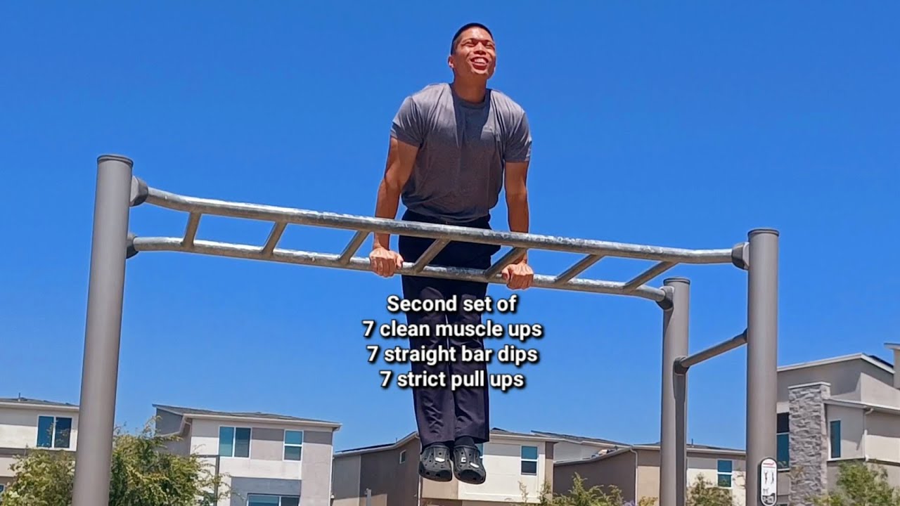 Second set of 7 clean muscle ups to 7 straight bar dips to 7 pull ups!! - YouTube
