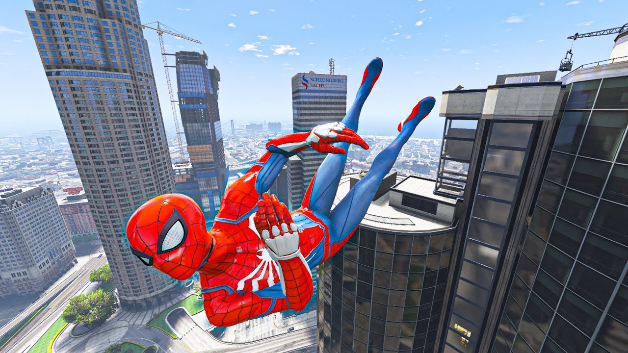 GTA 5 Iron Spider-Man Falling off Highest Buildings - Crazy Jumps Stunt ...