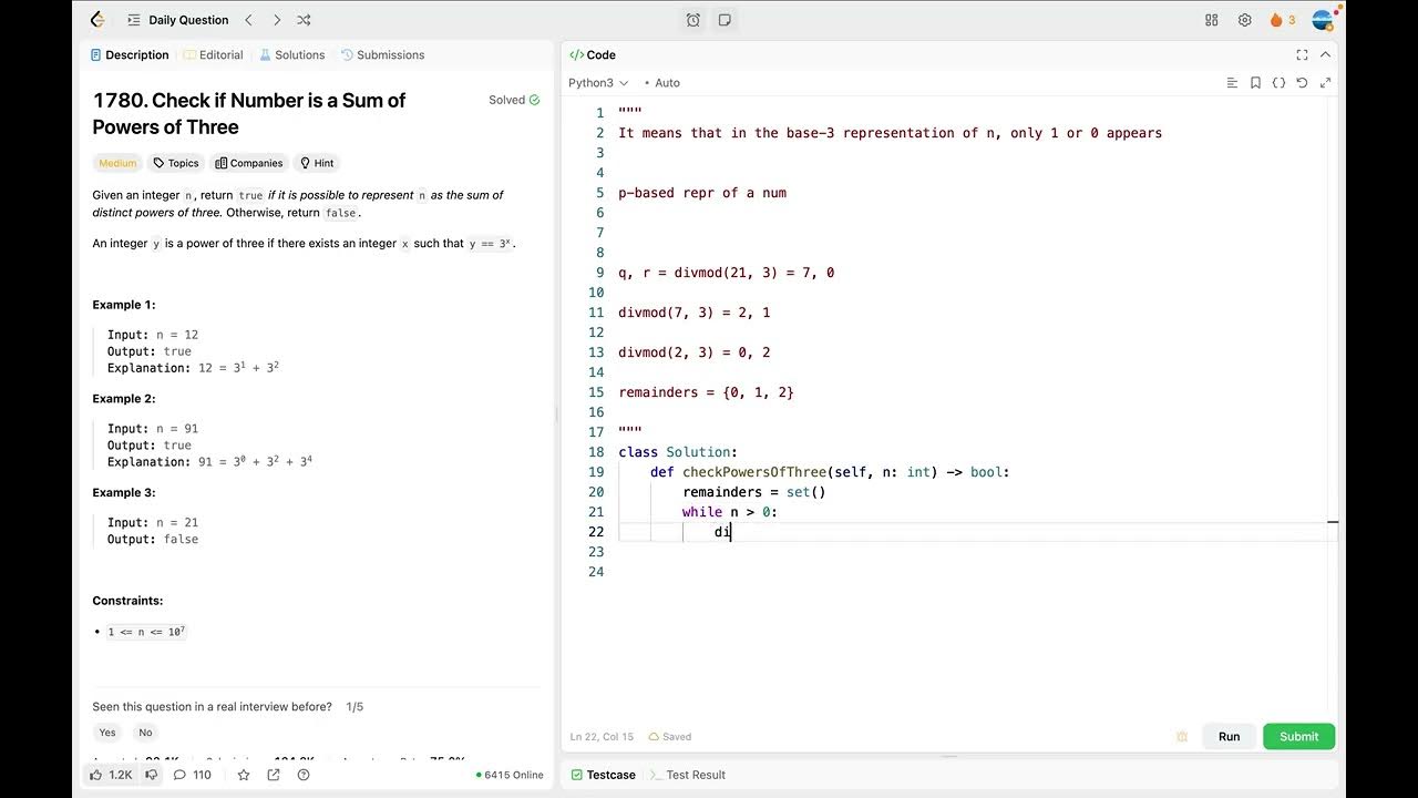 leetcode 1780 Check if Number is a Sum of Powers of Three | base 3 repr - YouTube