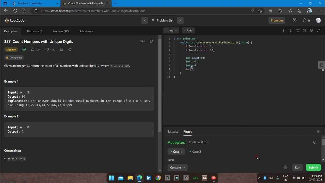 Count Numbers With Unique Digits Problem 357 Leetcode Problem Solved Youtube