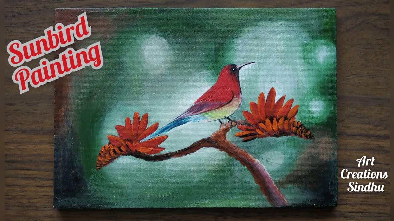 Sunbird Painting/How to paint Sunbird/ Red Bird acrylic painting/bird ...