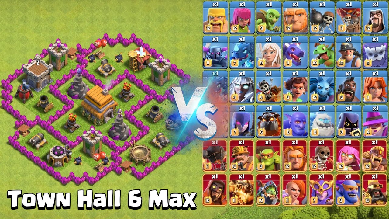 Town Hall 6 Max vs All 1 Max Troops and Super Troops | Clash of Clans ...