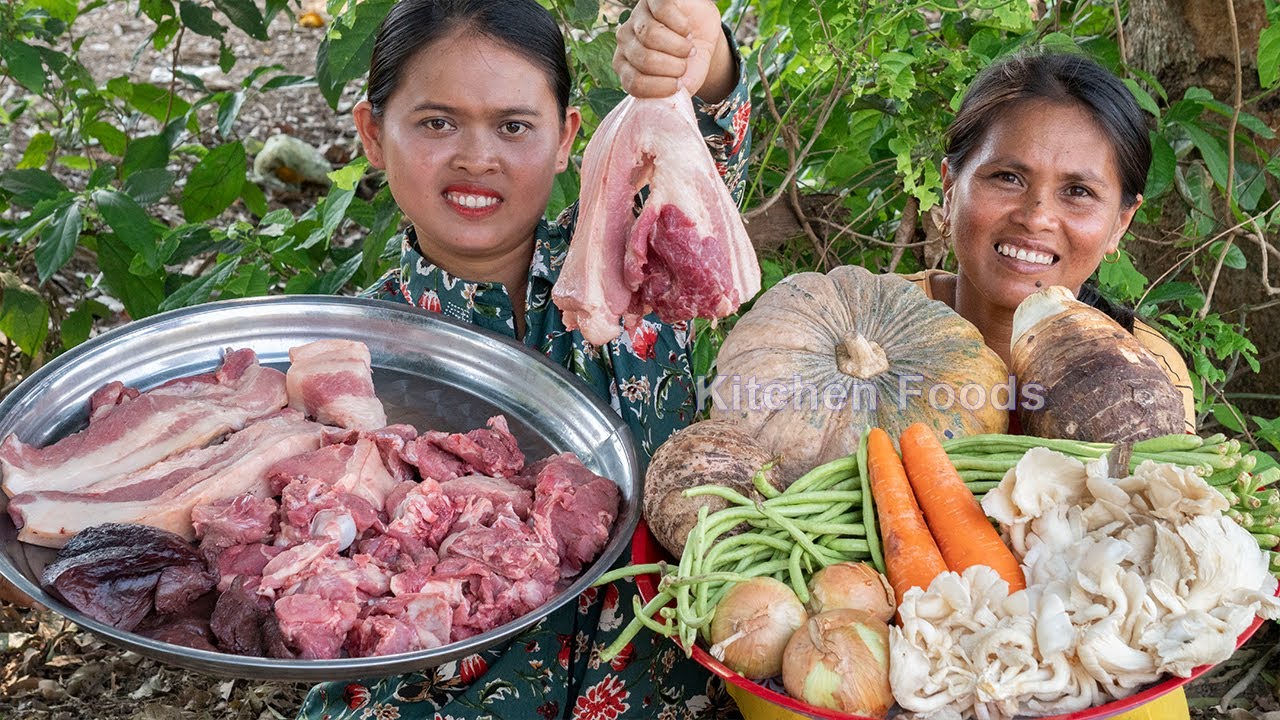 Fried Pork Mixed Vegetables Recipe - Cooking Meat and Pork Ribs with ...