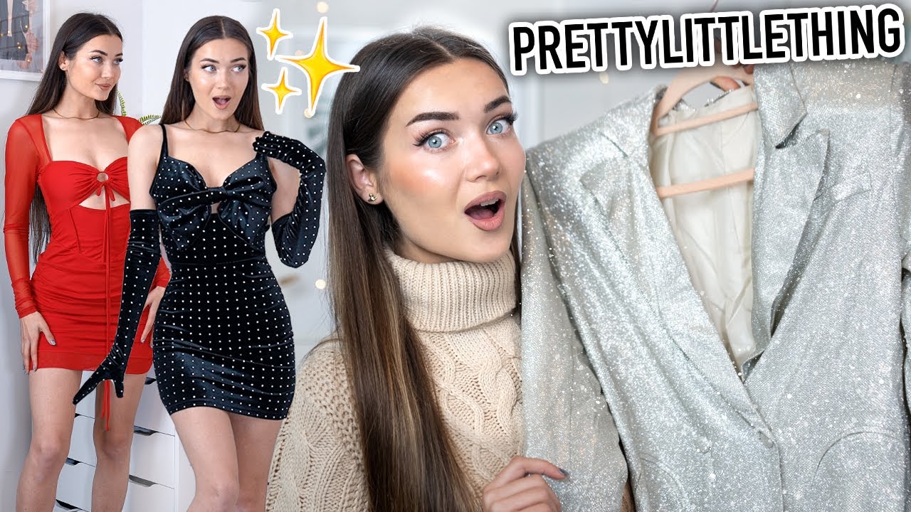 TRYING ON PRETTY LITTLE THING DRESSES! XMAS & NEW YEARS EDITION! - YouTube