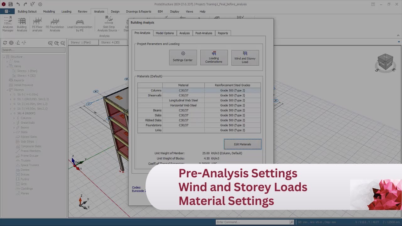 12 Pre-Analysis Setting, Wind & Storey Load, Material Settings - YouTube