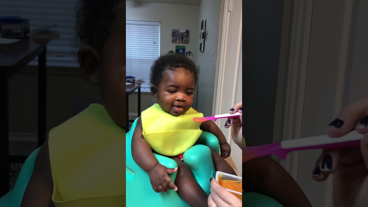 Baby eating sweet potatoes for the first time - YouTube