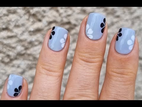 Grey Autumn NAILS With Black & White Flower NAIL ART / Drag Marble Nail ...