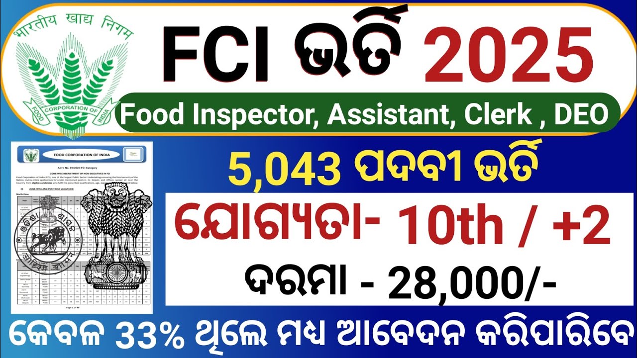 FCI Recruitment 2025/5,043 Post/Food Department Jobs In Odisha/Odisha ...