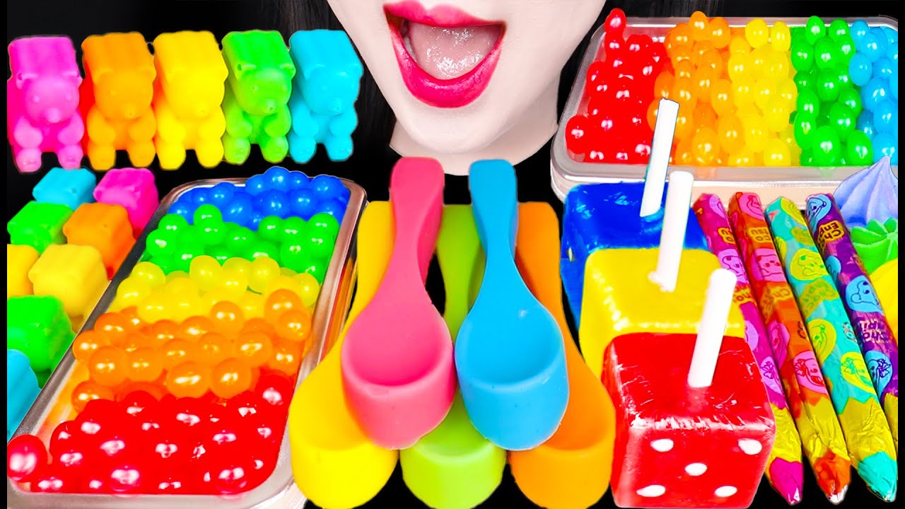 ASMR RAINBOW DESSERTS 레인보우 디저트 POPPING BOBA SPOON DICE CANDY 먹방 MUKBANG ...