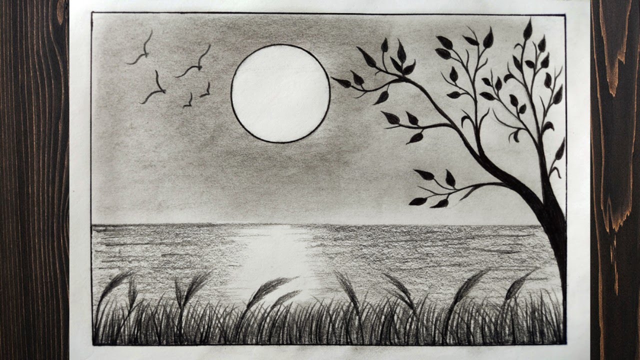 Beautiful Sunset Nature Drawing Pencil||Sunset Landscape Drawing with ...