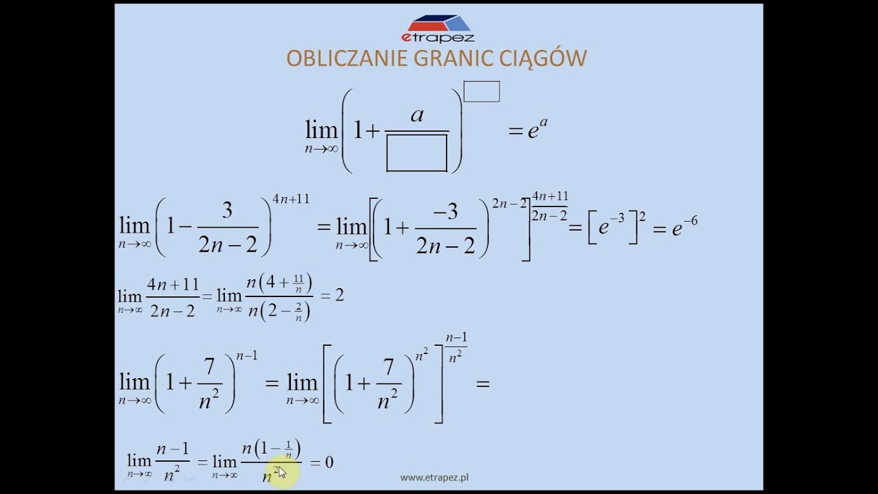 Granica ciągu (granice z wzorem na liczbę e) - YouTube