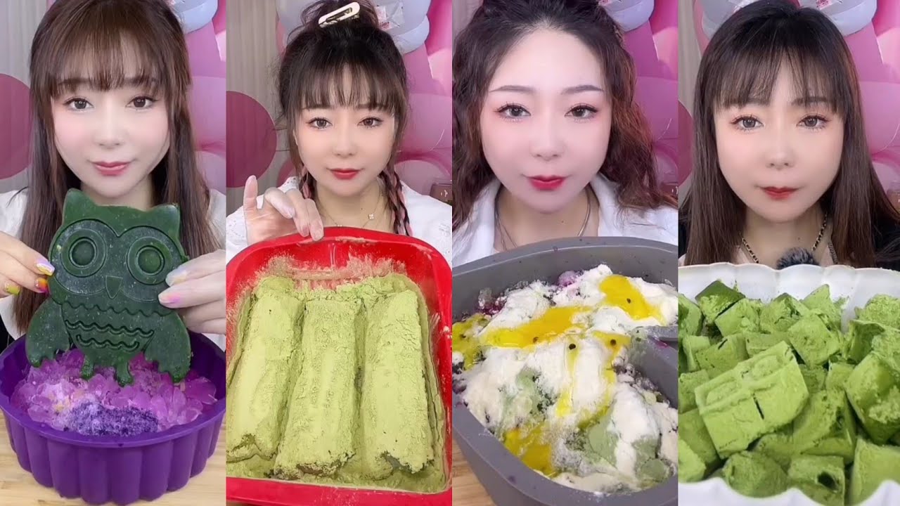 her mixed ice with dry matcha, sticky matcha and milk powder ASMR ...